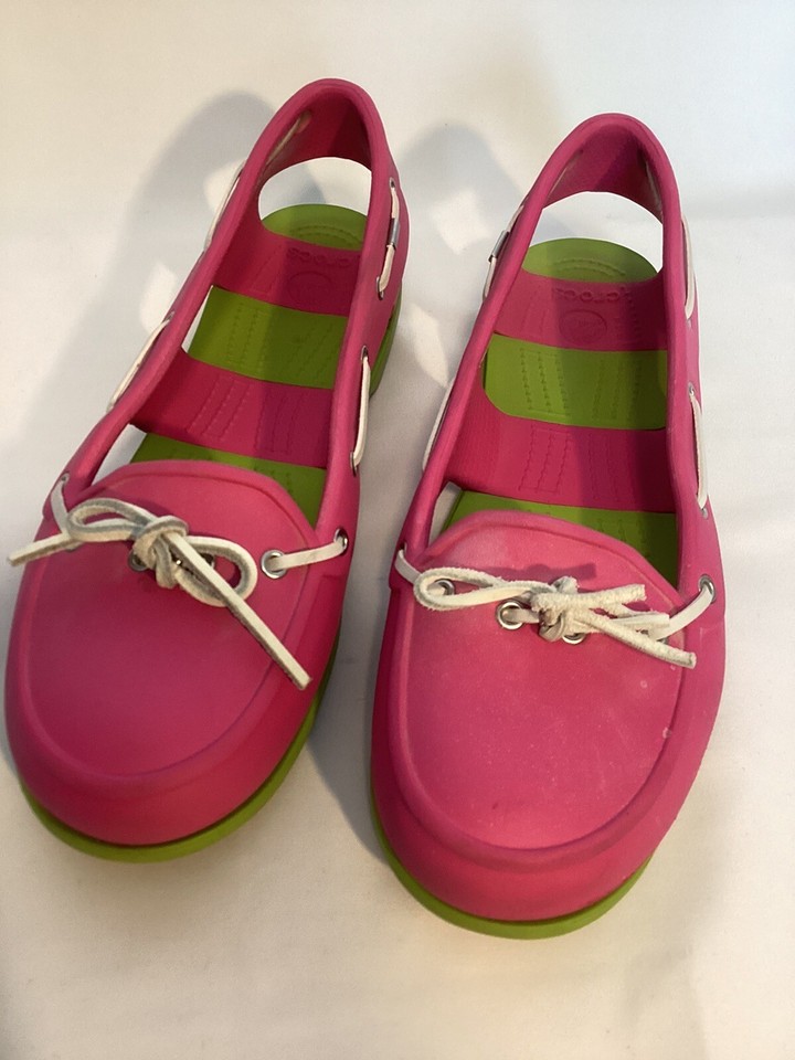 Women’s Crocs Boat Deck Shoes Pink Lime Green Size 11 | eBay