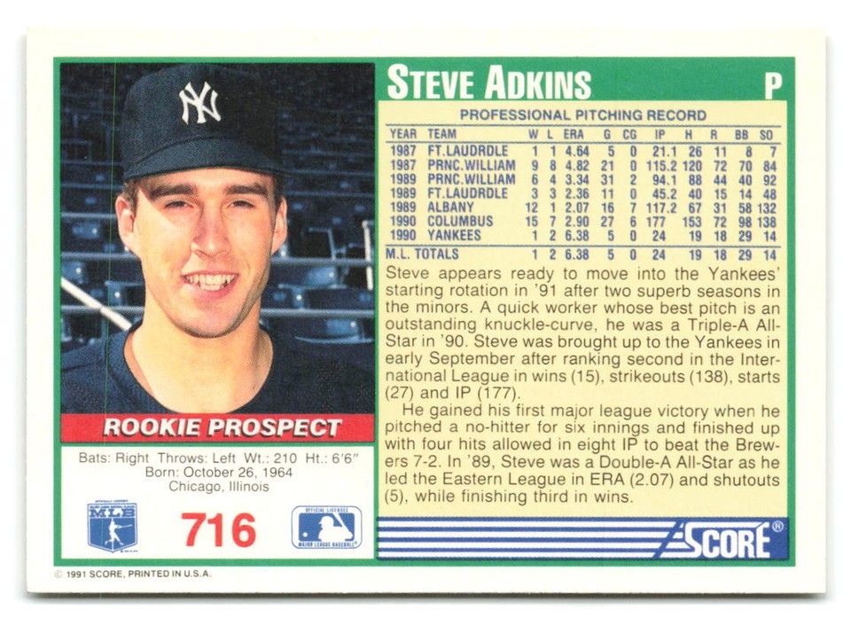 1991 Score Steve Adkins Rookie #716 New York Yankees BASEBALL Card | eBay