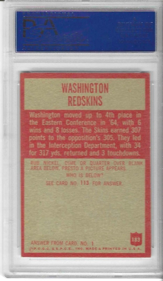 1965 Philadelphia Gum #183 Washington Redskins Team Card PSA 8 NM-MT | eBay