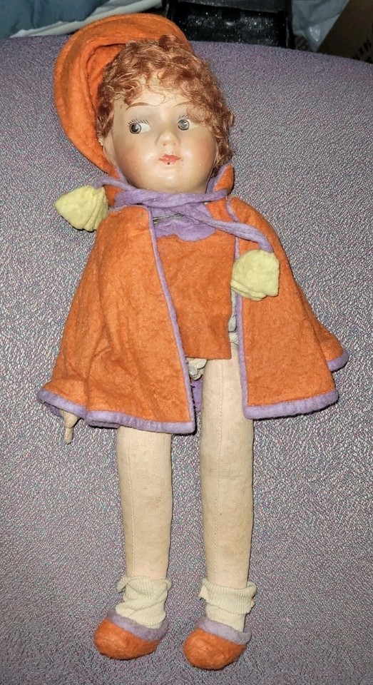 Vtg 1930’s Painted Face 14” Felt Cloth Rag Doll Orange Cloak Hat Left ...