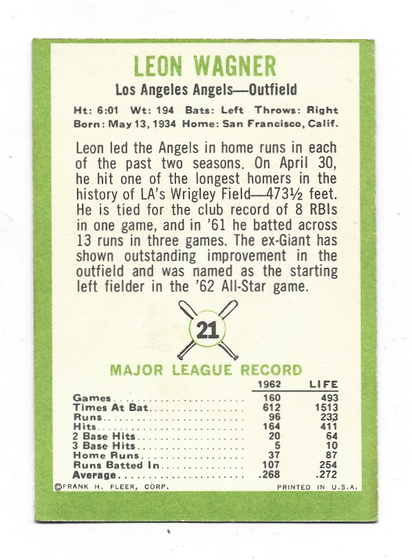 1963 Fleer Baseball #21 Leon Wagner Los Angeles Angels | eBay