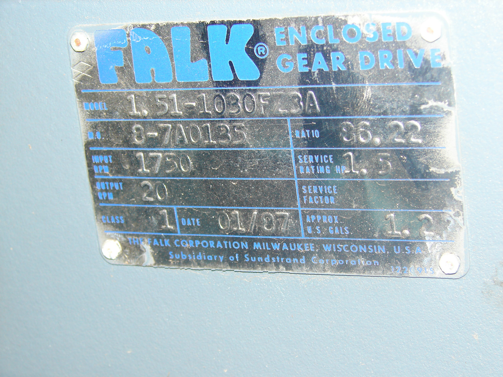 FALK 1.51-1030FZ3A 8-7A0135 GEARBOX RATIO: 86.22:1 RATIO 20RPM OUTPUT ...