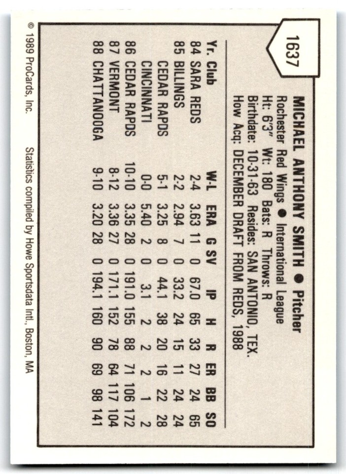 1989 PROCARDS MIKE SMITH ROCHESTER RED WINGS #1637 | eBay