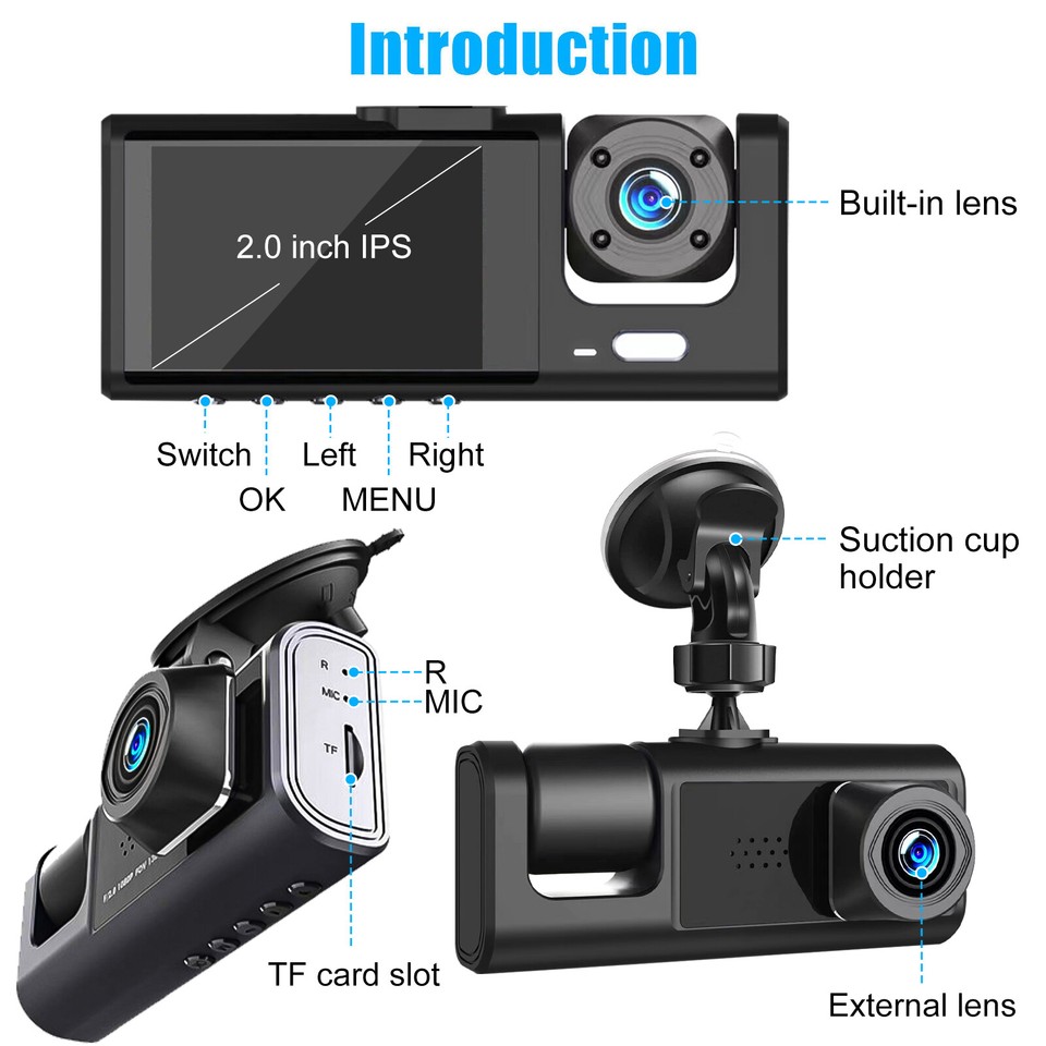3 Lens Car DVR Dash Cam 1080P Front/Inside/Rear Camera Video Recorder G ...