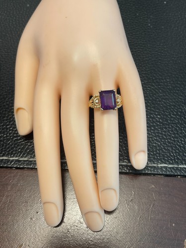 Elegant 14K Yellow Gold Emerald Cut Amethyst & Melee Diamond Ring | eBay