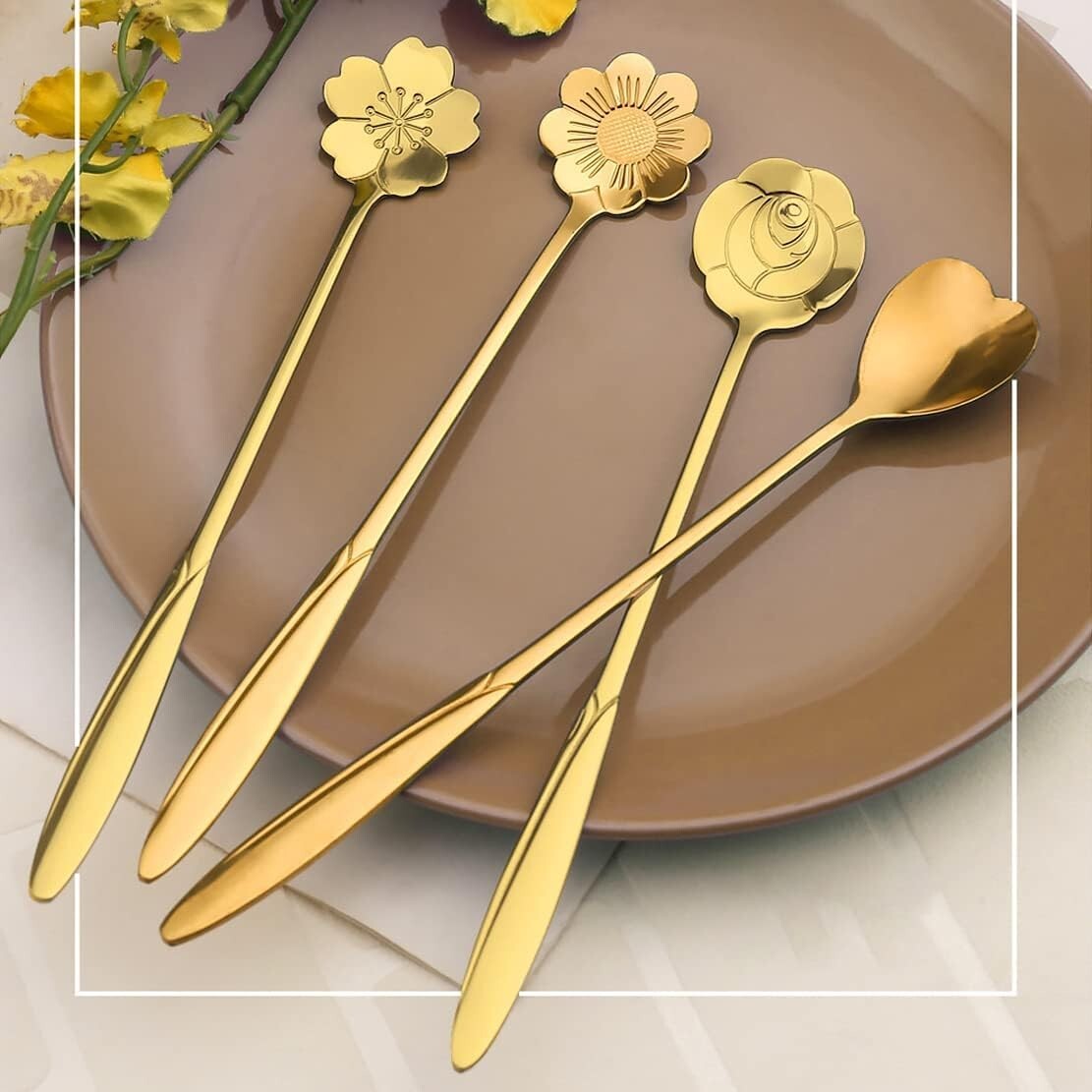 4 PCS Flower Spoon Set Stainless Steel Teaspoon Colorful Coffee Spoon ...