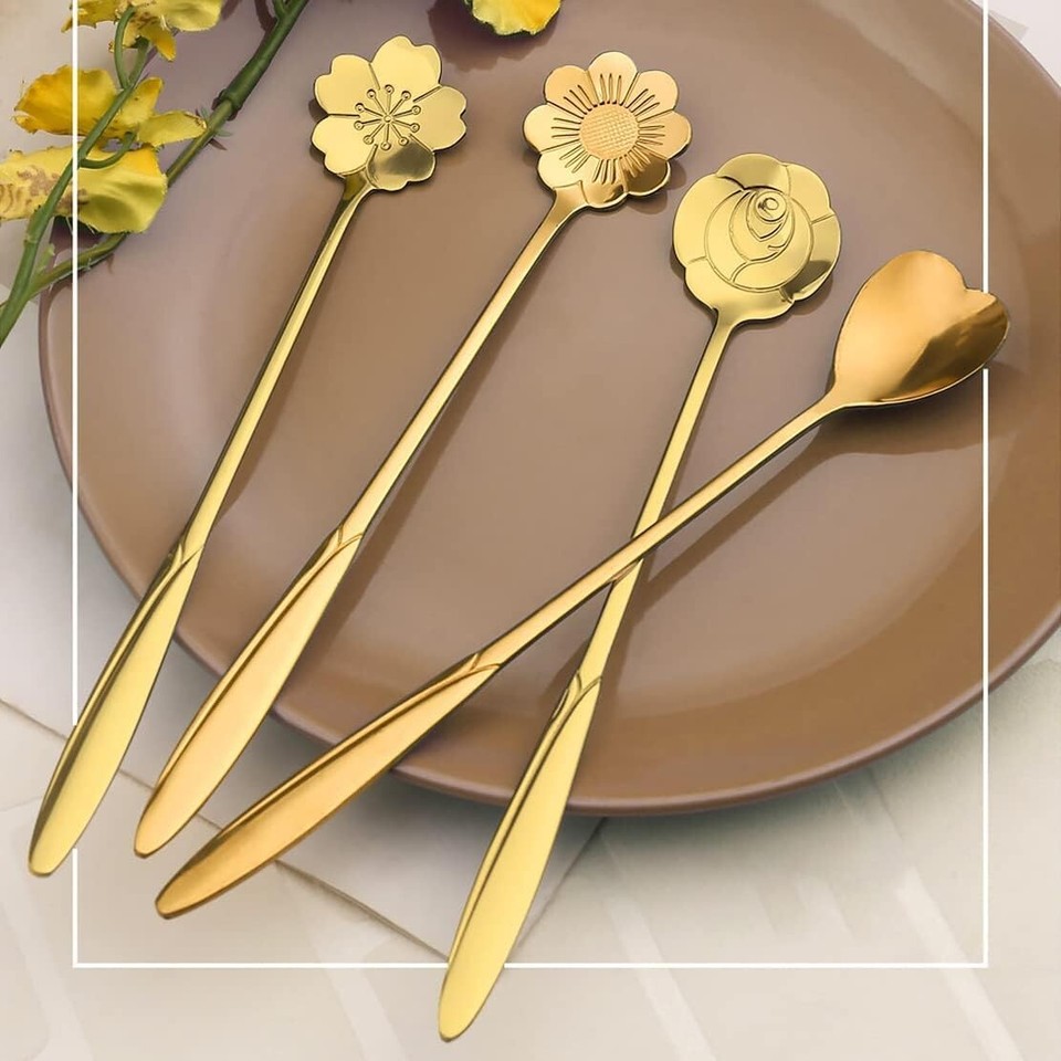 4 PCS Flower Spoon Set Stainless Steel Teaspoon Colorful Coffee Spoon ...