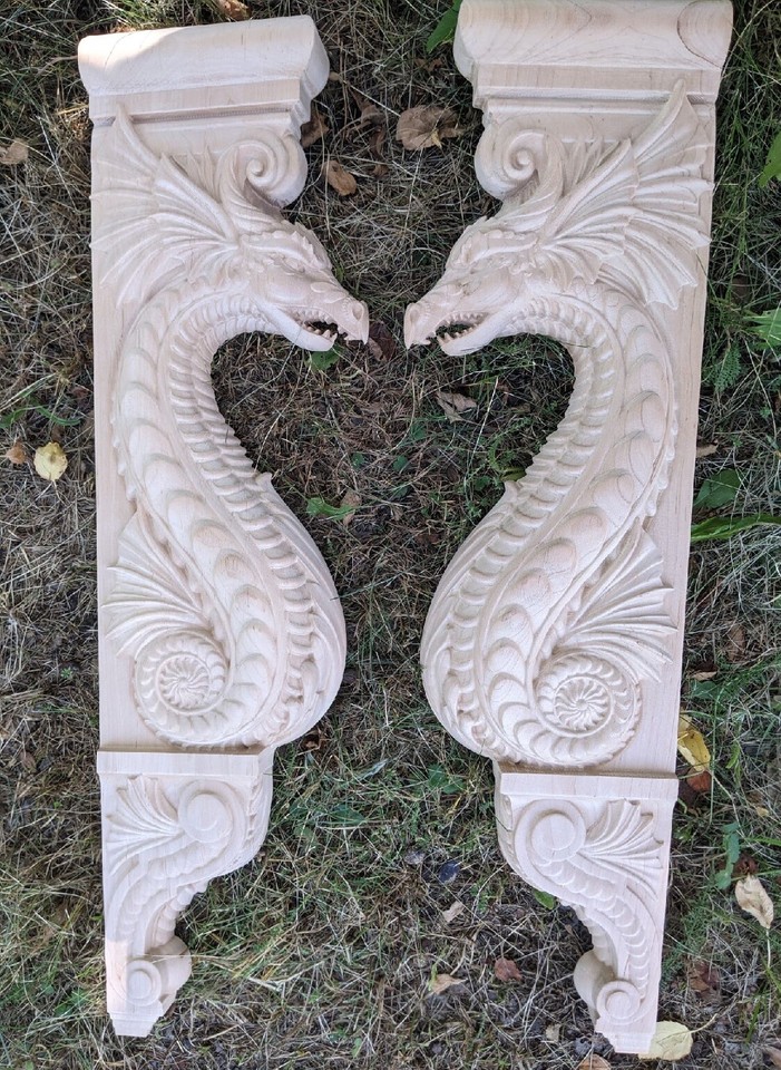 Wood Carved Wall Corbel Gothic Dragon Fireplace mantel surround Shelf ...