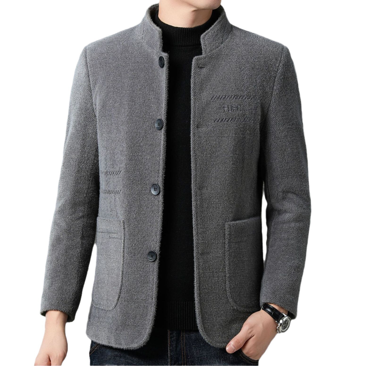 Winter Woolen Stand Collar Coat Men's Casual Wool Cotton Coat Jacket ...