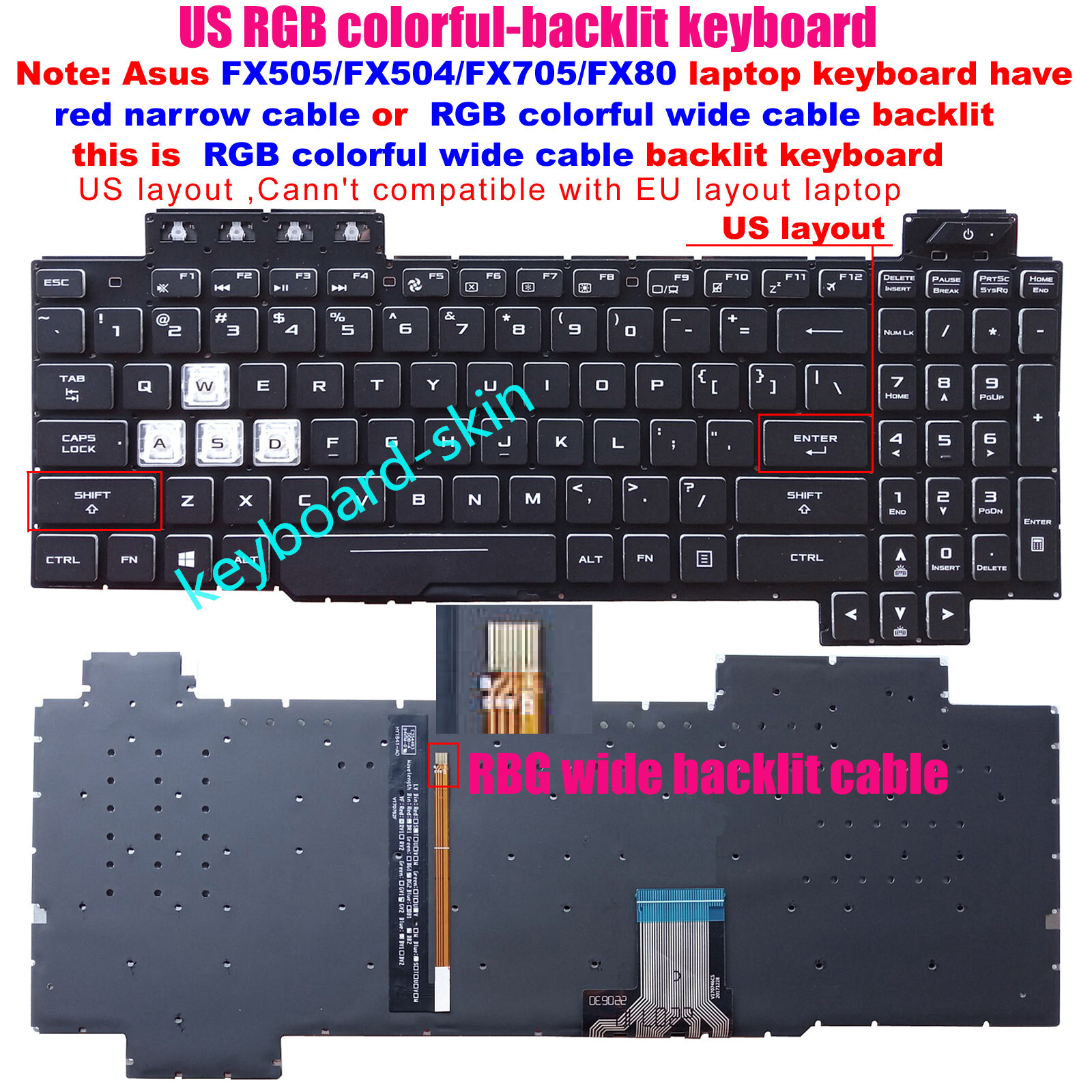New US RGB Backlit Keyboard For Asus FX705 FX504 FX504G FX505 FX505D ...