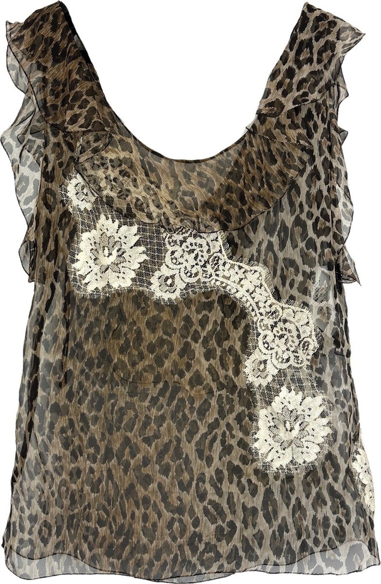 DOLCE & GABBANA Cheetah Print Sheer Ruffle White Lace Silk DOLCE & GABBANA Cheetah Print Sheer Ruffle White Lace Silk