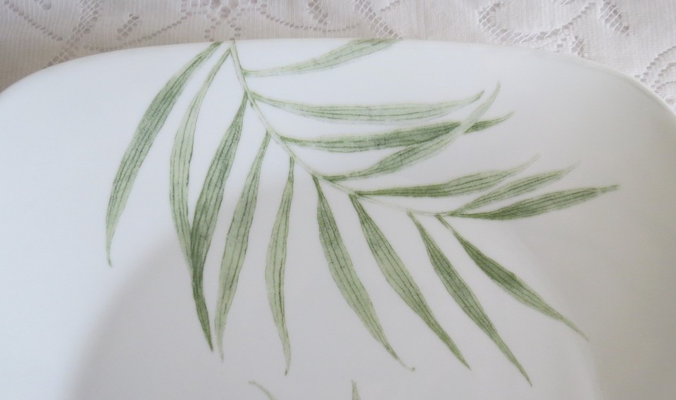 6 CORNING CORELLE VITRELLE GLASS SQUARE BAMBOO LEAF 10.5" DINNER PLATES ...