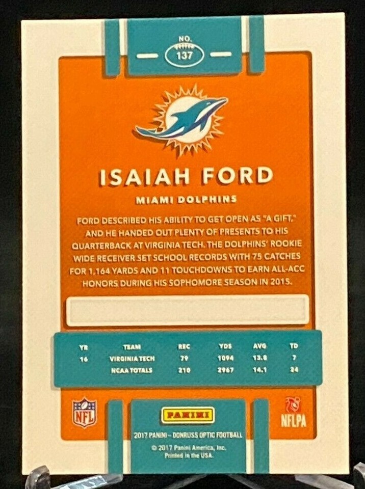 2017 Panini Donruss Optic Rookie Card #137 Isaiah Ford Miami Dolphins ...