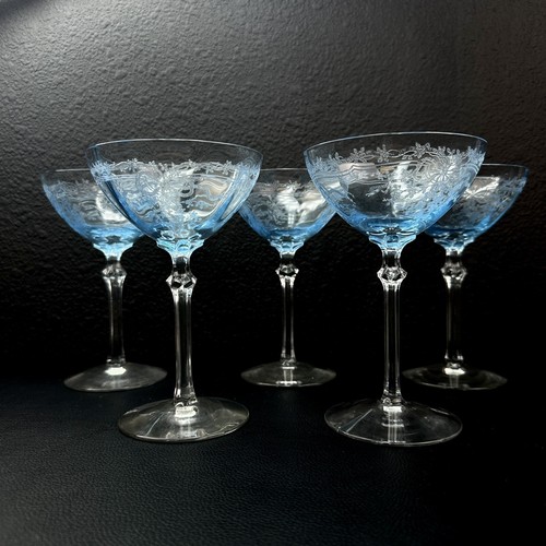 5 Fostoria JUNE Azure Blue Champagne Glasses Set ANTIQUE Sherbet Flute ...