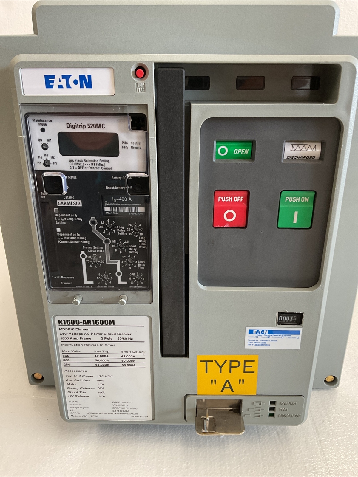 Eaton MDS616 1600A DS LV Circuit Breaker K1600-AR1600M W/ Digitrip ...