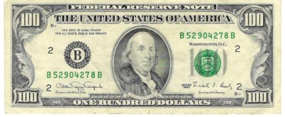 Series 1990 US Currency One Hundred Dollar Bill $100 New York B ...