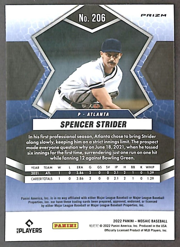 2022 Panini Mosaic Silver Prizm #206 Spencer Strider Rookie Atlanta ...