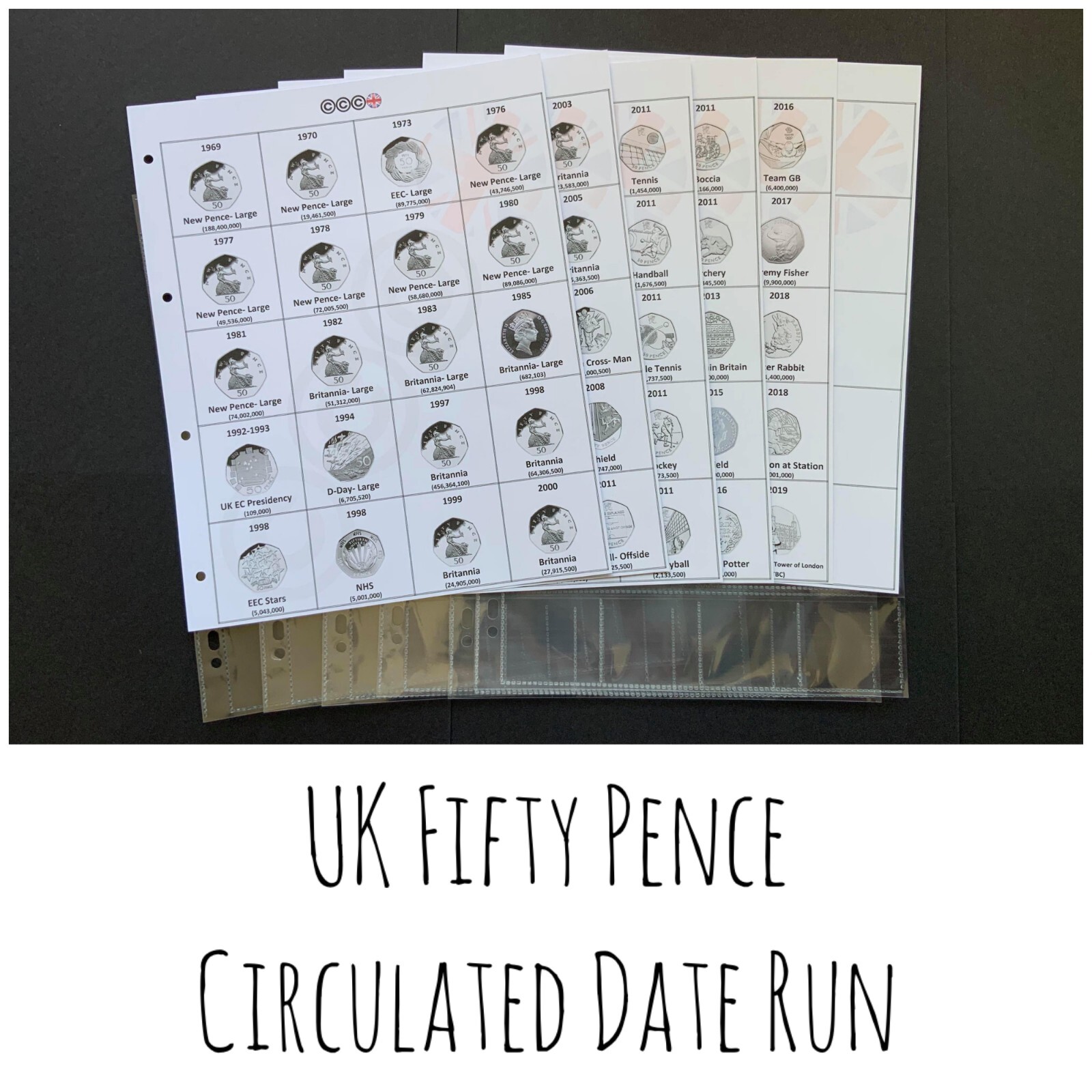 UK Circulated Date Run Coin Collector's Folder Inserts Covering 50p ...