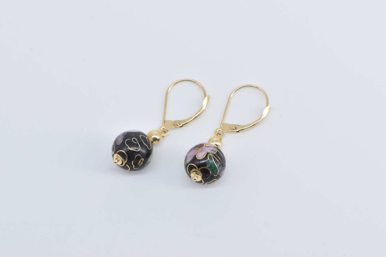 14K Cloisonne Enamel Floral Ball Vintage Dangle Earri… - Gem