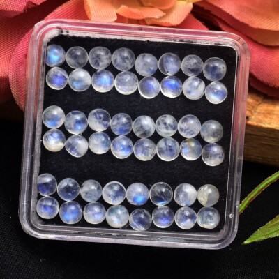 48 Pcs Natural Blue Fire Moonstone 4mm Round Cabochon Gemstones ...
