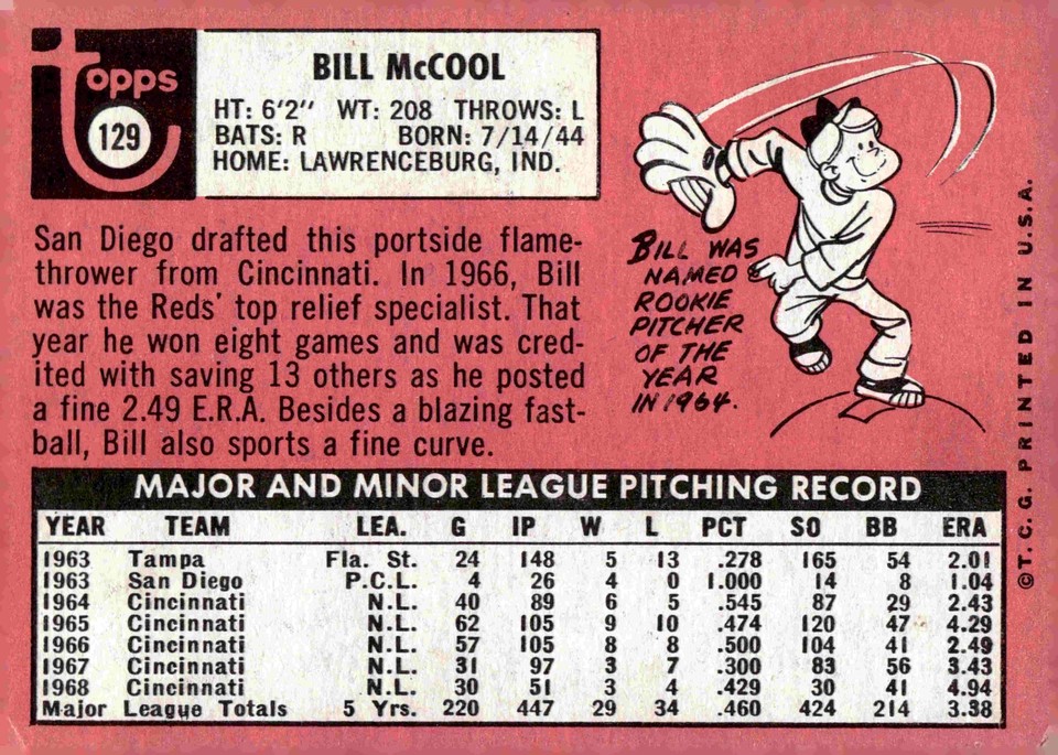 1969 Topps Bill McCool #129 - San Diego Padres | eBay