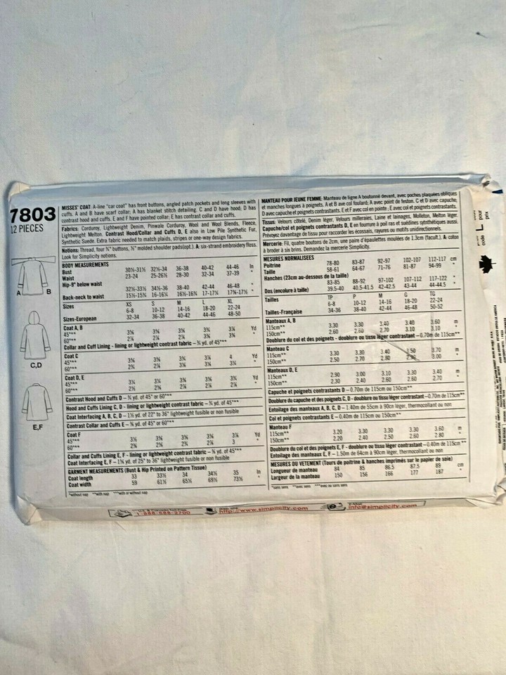 Simplicity Sewing Pattern Uncut Coat Parka Hoode Size XS - M # 7803 | eBay