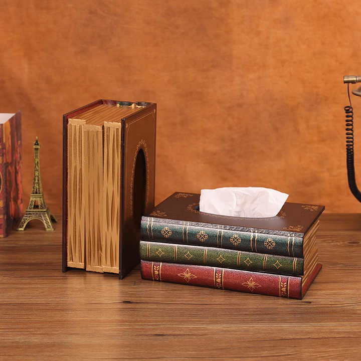 Elosung Vintage Wooden Tissue Box Book-Shaped Tissue Holder Yellow ...