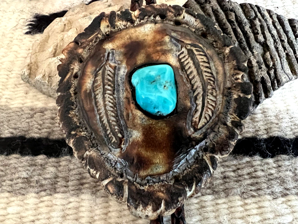 Vintage GENUINE ELK ANTLER BURR TURQUOISE STONE bolo Native America ...