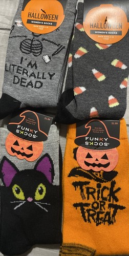Halloween Crew Socks Sz 4-10 Candy Corn Skeleton Black Cat Trick O ...