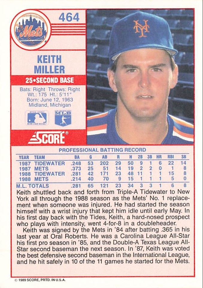 1989 Score #464 Keith Miller New York Mets | eBay