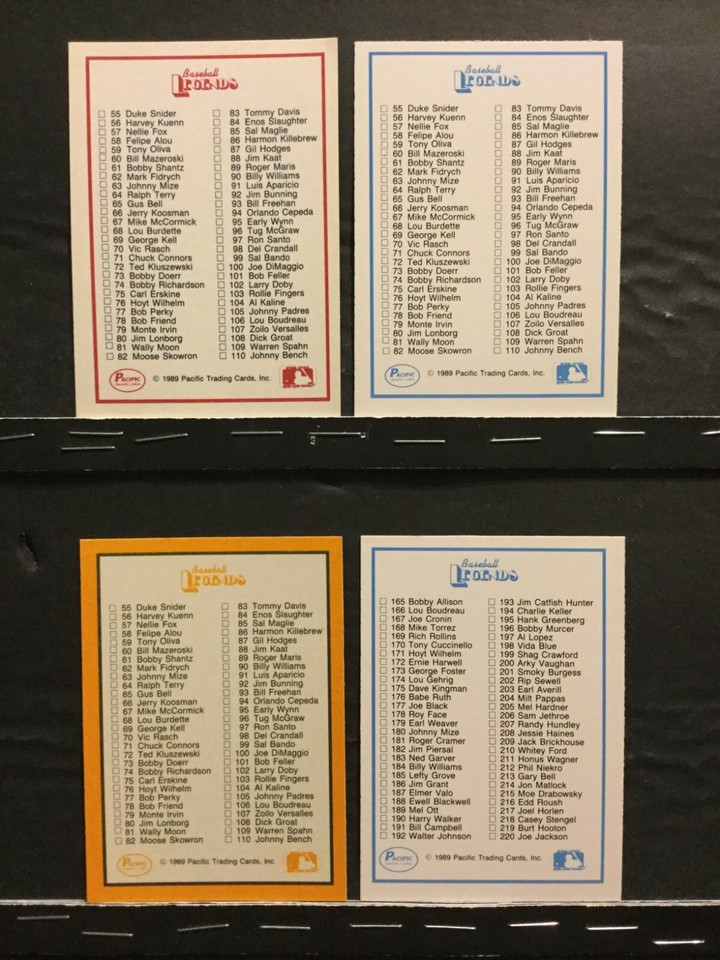 1988 & 1989 Pacific Baseball Legends 4 Checklist Cards - SCARCE Sku453C ...