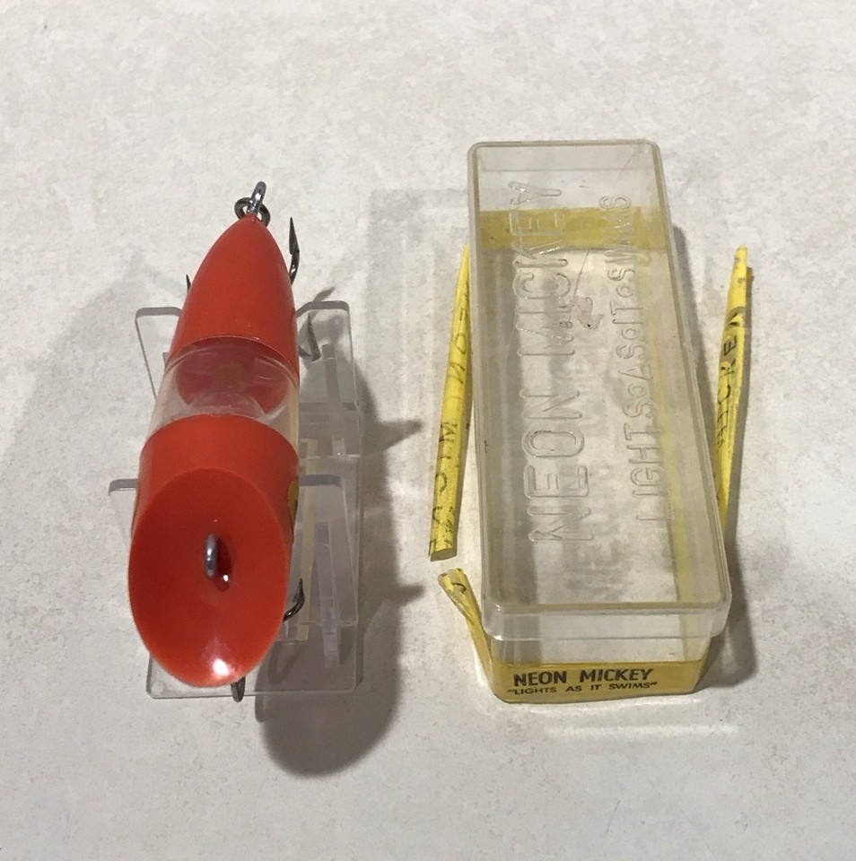 Vintage Neon Mickey Glow Bug Plug Lure Lights As It Swims w/ Box Insert ...