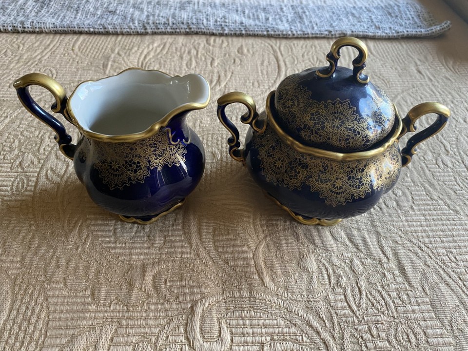 SET 15 PC LINDNER BAVARIA Echt Cobalt Blue SUGAR CREAMER CUPS SAUCERS ...
