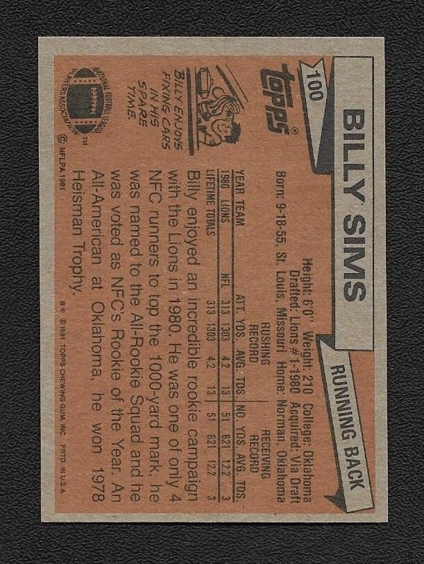 Billy Sims Signed Autograph 1981 Topps Detroit Lions Rookie RC Card ...