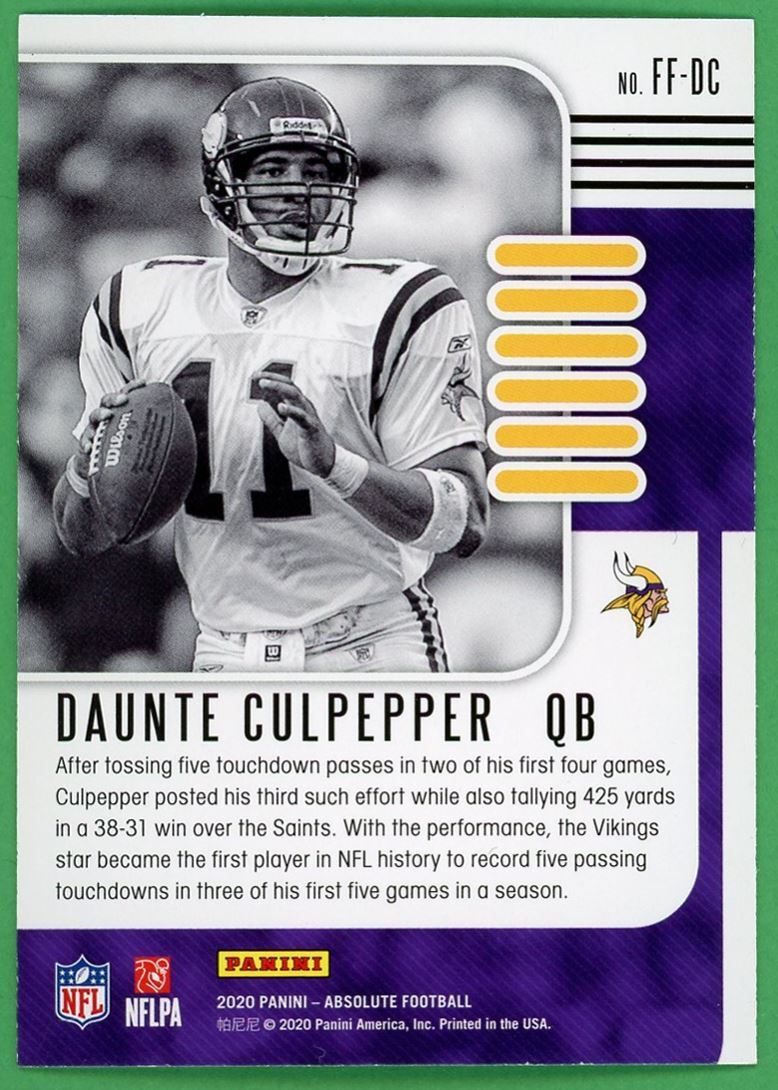 2020 Fantasy Flashback Daunte Culpepper Minnesota Vikings #FF-DC Insert ...