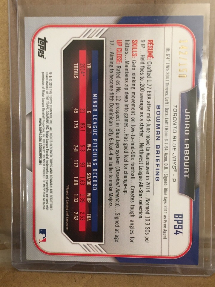 2015 Jairo Labourt Bowman /150 Blue Rookie Rc Free Shipping | eBay