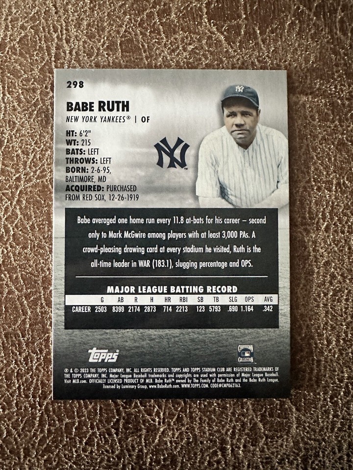 2023 Topps Stadium Club Babe Ruth New York Yankees Card | eBay