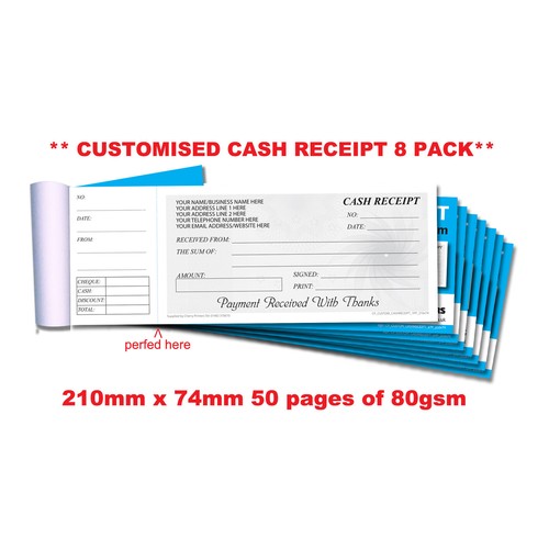 ** PERSONALISED** Cash Receipt Book Cheque Book Style 74mm x 210mm 8 ...