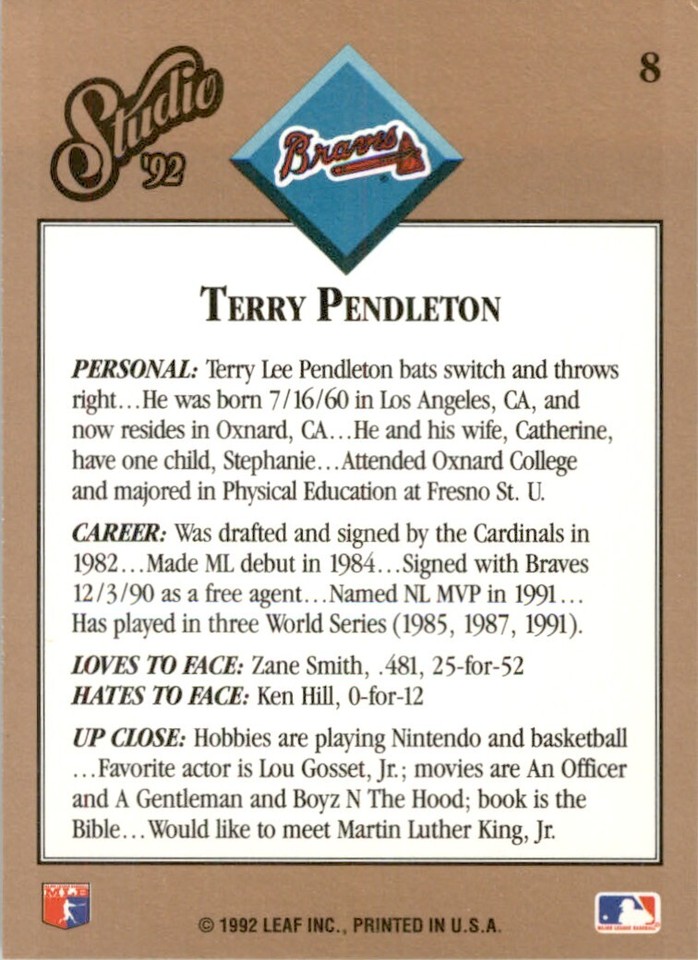 1992 Studio Terry Pendleton Atlanta Braves #8 Baseball Card | eBay