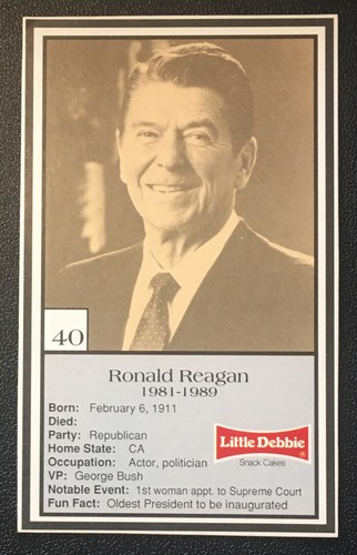 1992 Little Debbie Presidential Card Of 40th President Ronald Reagan ...