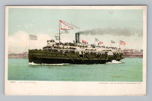 Postcard Steamer Ship City Of Erie Ocean Vessel Flags Scenic Water View ...