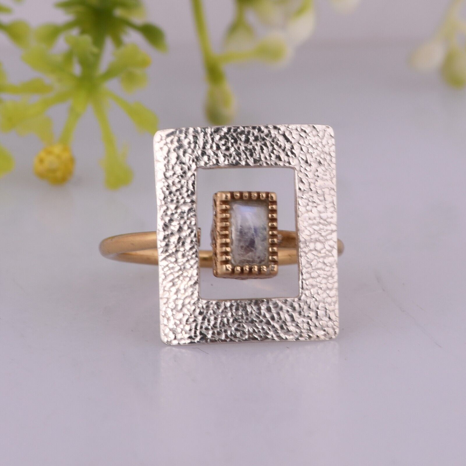 Double Rectangle Gemstone Rings Gold Plated Two Design White Moonstone ...
