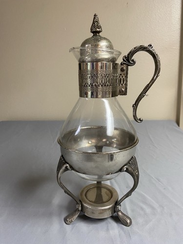 Vintage Silver Plated And Glass Coffee Tea Carafe Pot With Warmer Stand