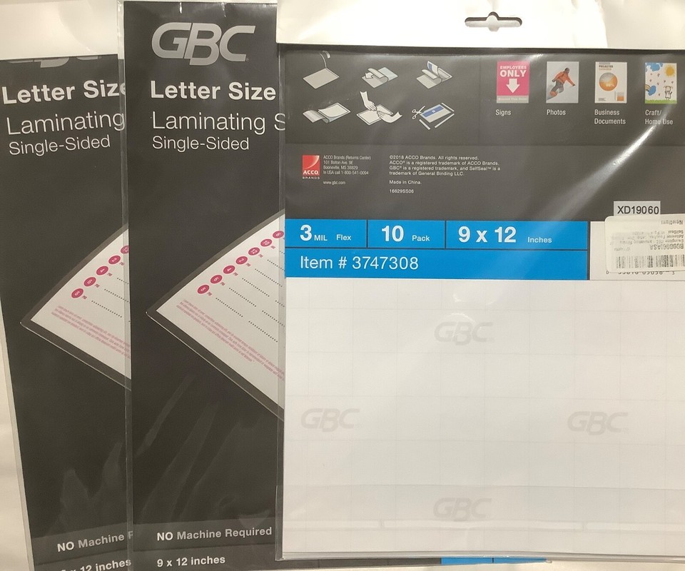 3 10 PACKS GBC LETTER SIZE LAMINATING SHEETS #3747308 SINGLE SIDED SELF ...