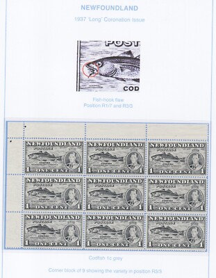 Newfoundland SG257 1937 KGVI Coronation 1c Fish Hook Flaw in Block of 9 ...