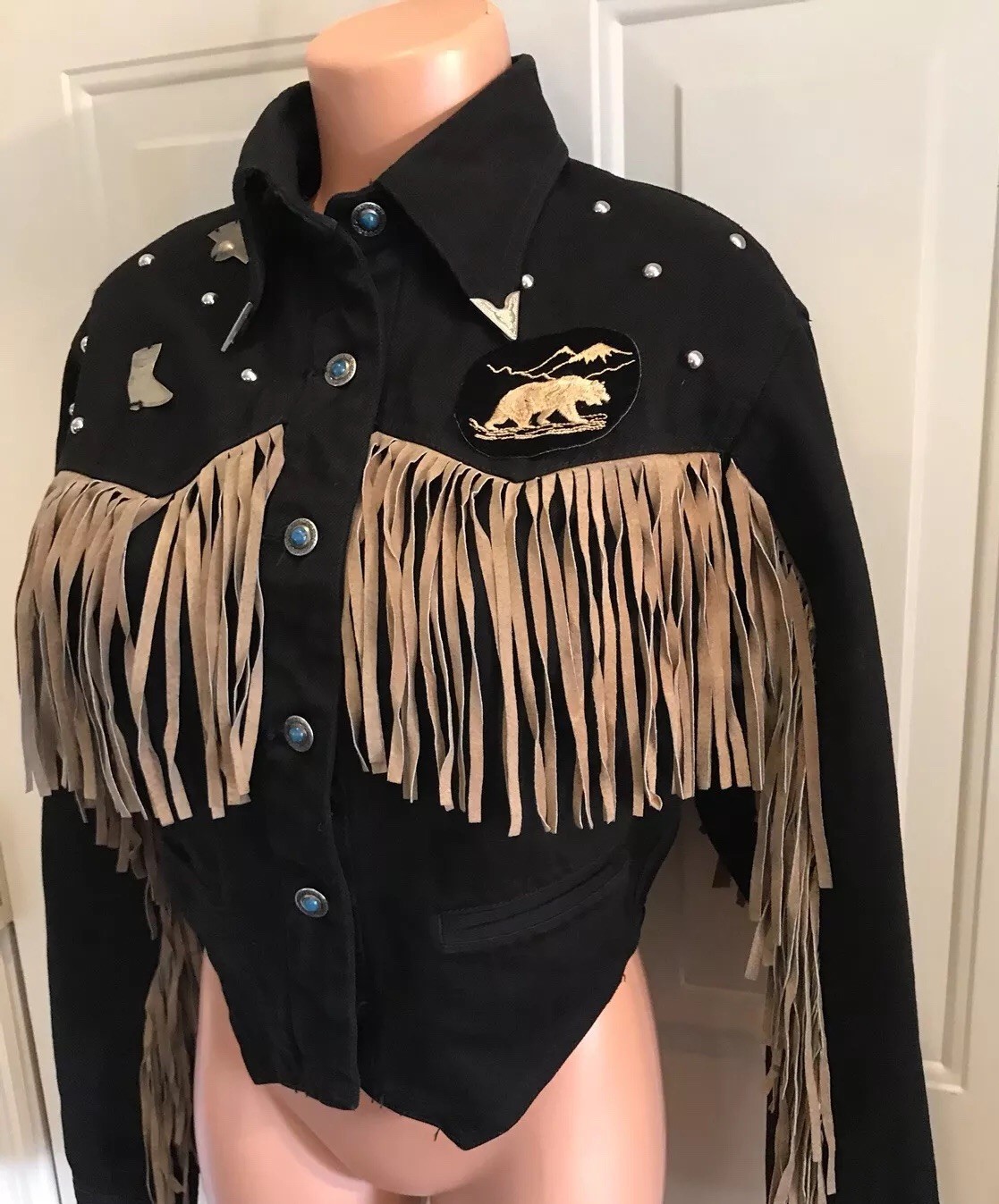 MORGANWEAR, Sz Small, 100% Cotton, Black Denim w/Leather Fringe ...