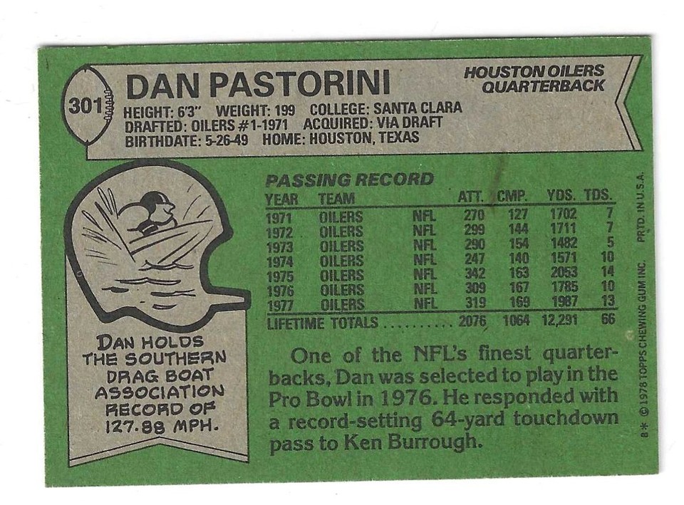 1978 TOPPS FOOTBALL #301 DAN PASTORINI- RAW CARD | eBay