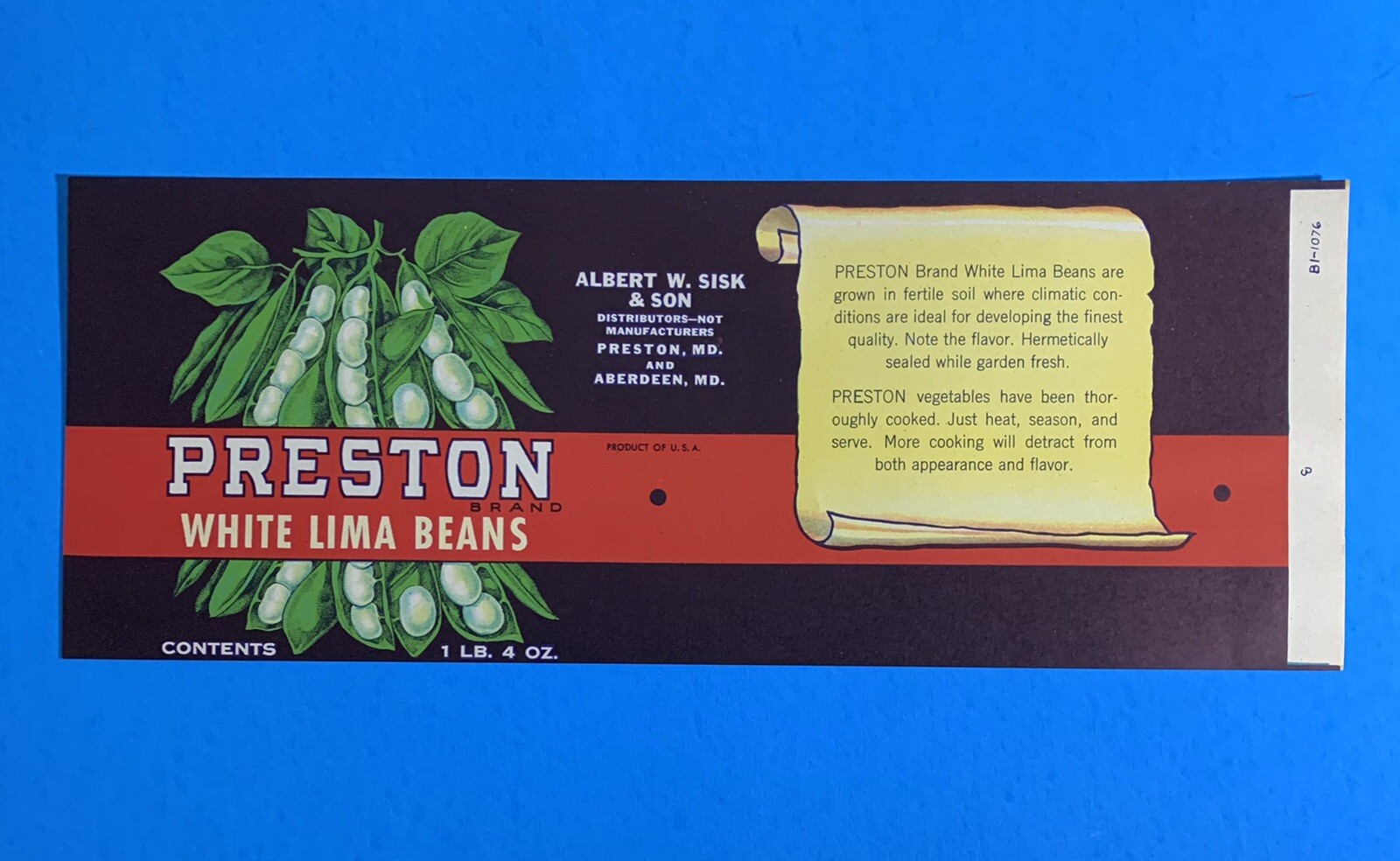 Preston lima beans antique canned food label kitchen decor rare 1930s ...