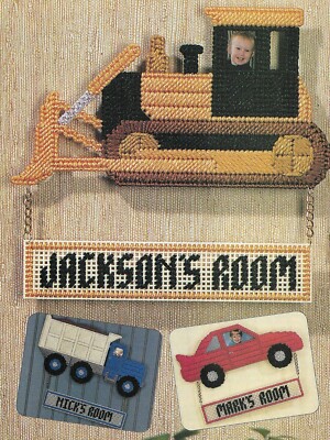 BEDROOM DOOR SIGNS DUMP TRUCK BULLDOZER CAR PLASTIC CANVAS PATTERN ...