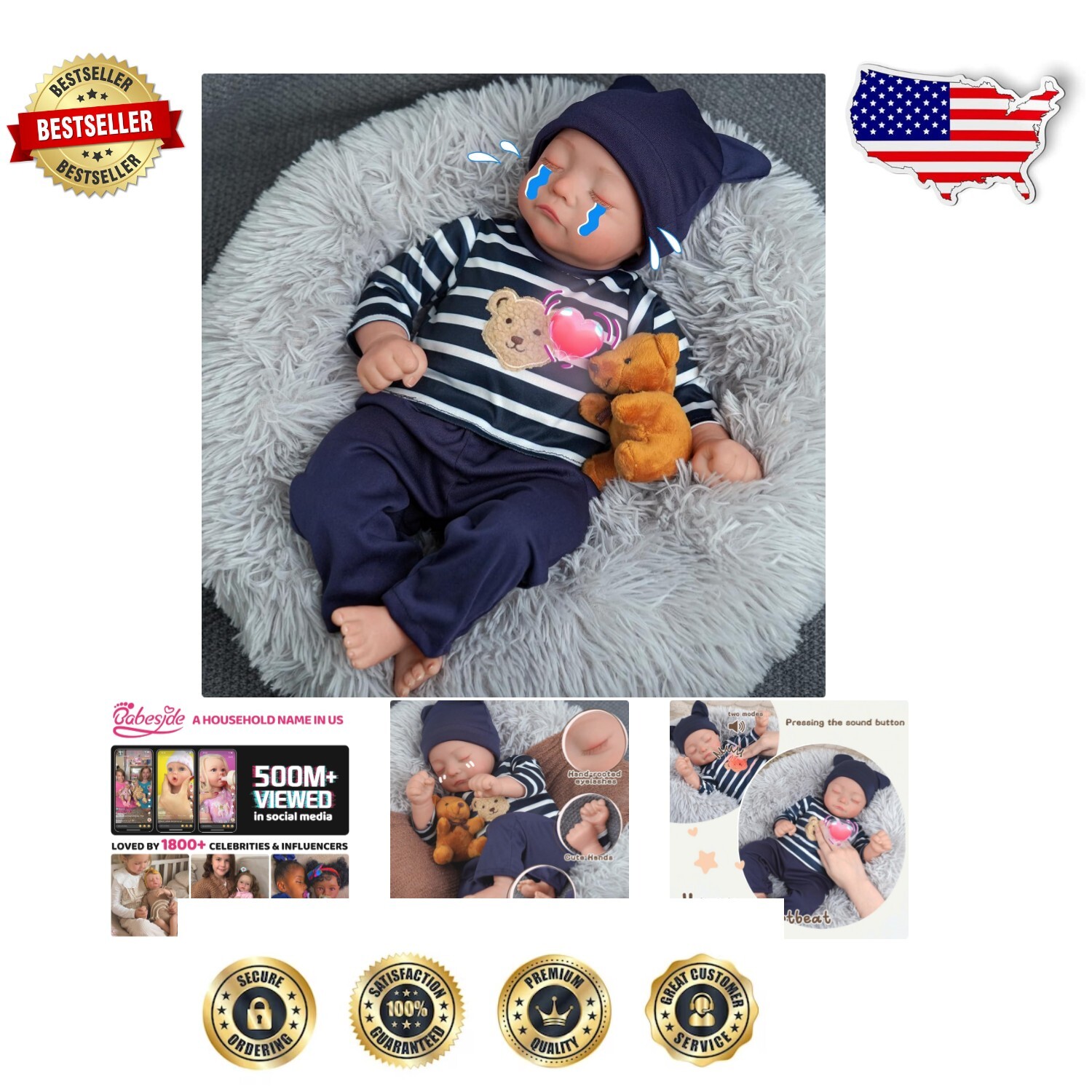 Realistic 17-inch Reborn Baby Doll Kai - Complete with Heartbeat Box ...
